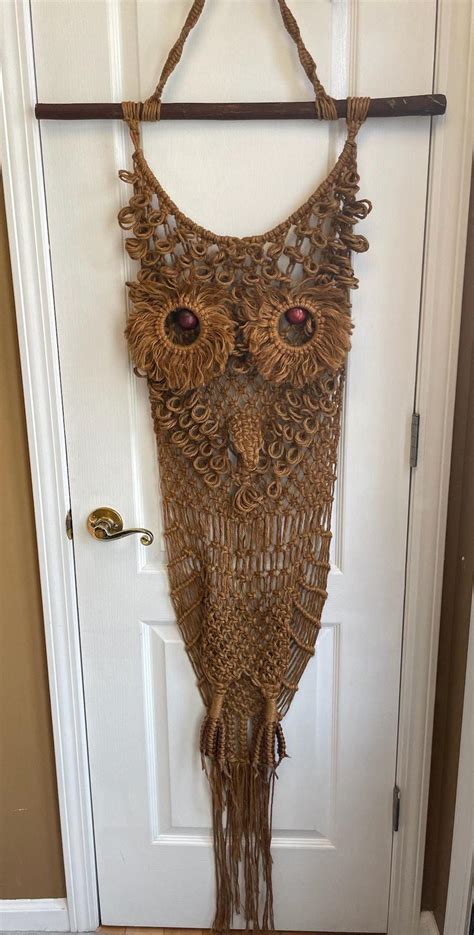 Vintage Hand Made Macrame Wise Owl Wall Hanging 75 Jute Etsy