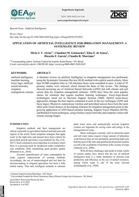 Pdf Application Of Artificial Intelligence For Irrigation Management A Systematic Review