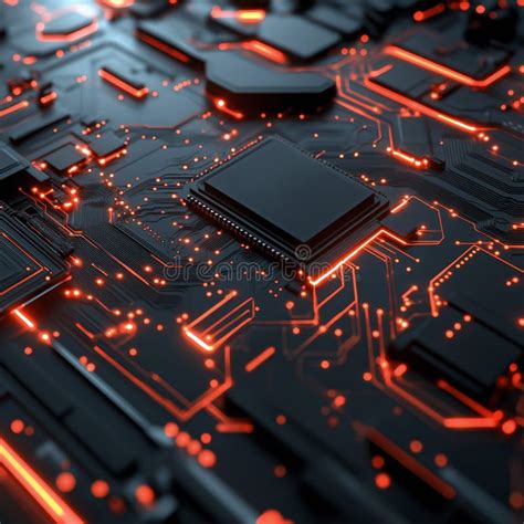 Futuristic Black Circuit Board With Glowing Red Lines And Detailed