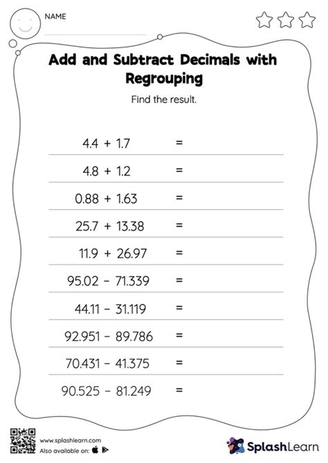 Add And Subtract Decimals With Regrouping Horizontal Worksheet Printable Maths Sheet