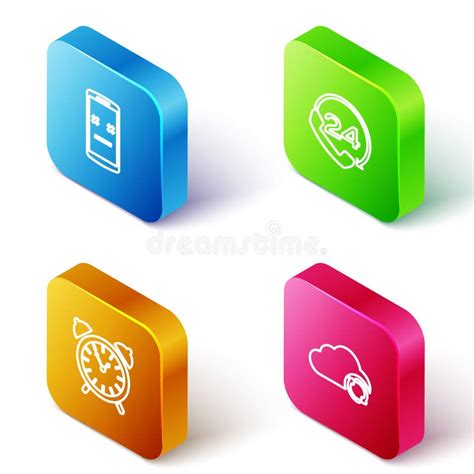 Set Isometric Line Dead Mobile Telephone 24 Hours Support Alarm Clock And Cloud Sync Refresh