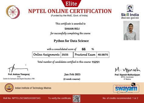 Nptel Elite Certificate In Python For Data Science Shaan Roj