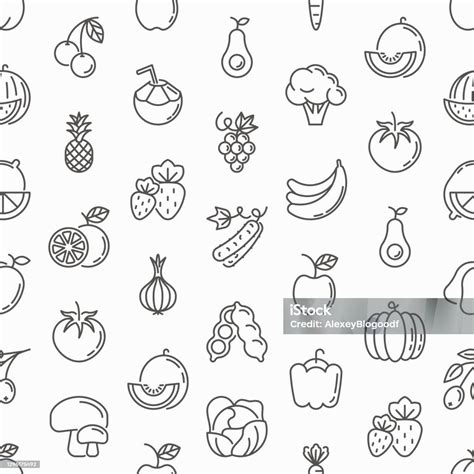 건강한 음식 원활한 패턴 과일 야채 딸기 견과류 얇은 라인 아이콘 파인애플 사과 아보카도 양배추 당근 체리 코코넛 포도 토마토 브로콜리 벡터 그림입니다 0명에 대한 스톡