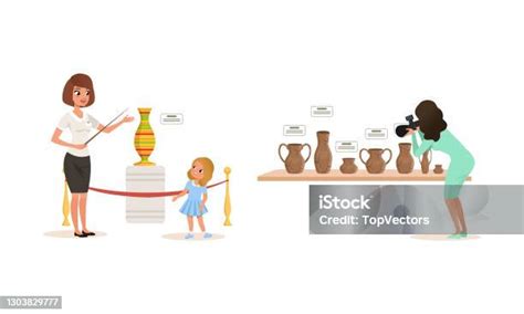 역사 박물관 만화 벡터 일러스트에서 세라믹 점토 골동품 선박을 보는 방문객 0명에 대한 스톡 벡터 아트 및 기타 이미지 0명 독일 미술관 Istock