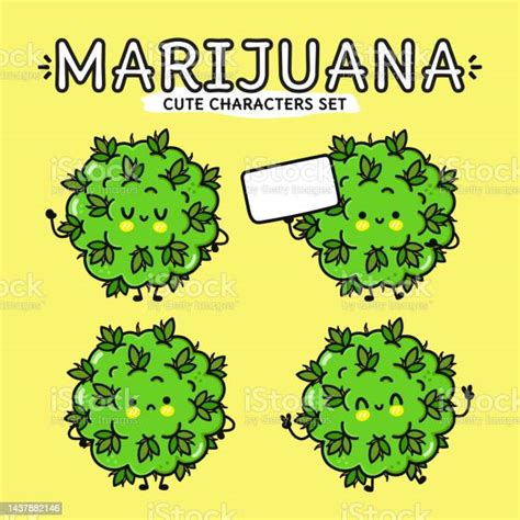 재미 있는 웃는 행복한 마리화나 잡초 새싹 번들 세트 벡터 평면 만화 캐릭터 그림 아이콘 디자인 노란색 배경에 격리 건강관리와 의술에 대한 스톡 벡터 아트 및 기타 이미지