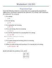 Worksheet Docx Worksheet Propositional Logic Given The Following Sentences