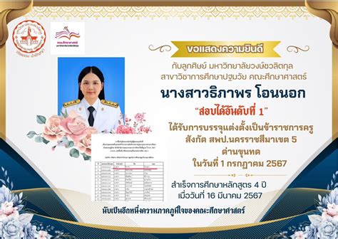 มหาวิทยาลัยวงษ์ชวลิตกุล ขอแสดงความยินดีกับ นางสาวธิภาพร โอนนอก ศิษย์เก่าสาขาวิชาการศึกษาปฐมวัย