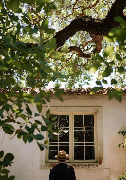 Man In Hat Looking Through Window At Tree Premium Ai Generated Image