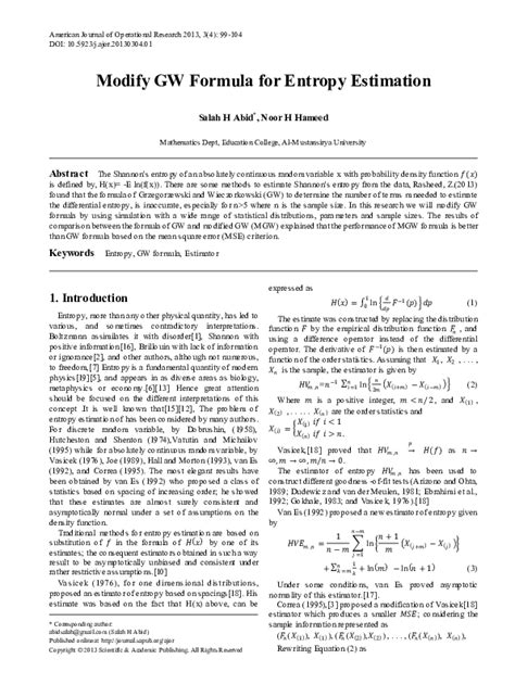 Pdf Modify Gw Formula For Entropy Estimation Salah Abid
