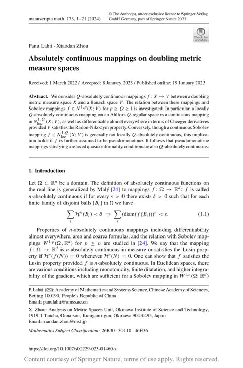 Absolutely Continuous Mappings On Doubling Metric Measure Spaces Request Pdf