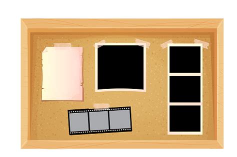 흰색 배경에 분리된 만화 스타일의 빈 종이 조각이 있는 나무 프레임의 코르크 보드 일정 작업 및 추억 페이지를 위한 공간 벡터 그림 코르크 재료에 대한 스톡 벡터 아트 및