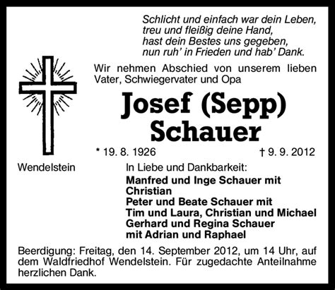 Traueranzeigen Von Josef Schauer Trauer Nn De