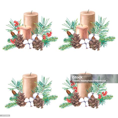 크리스마스 트리 가지 양초 홀리 베리 솔방울 목화 꽃 덩어리 고립 된 배경에 겨울 식물의 손으로 그린 수채화 세트 새해 인사말 카드 크리스마스 초대장 12월에 대한 스톡