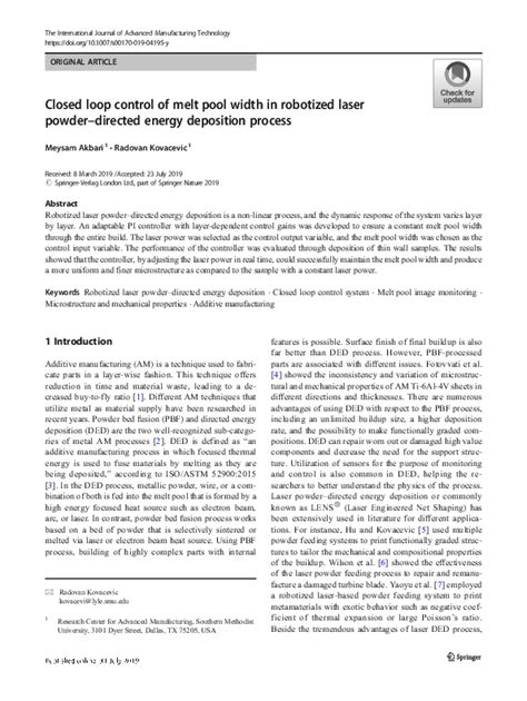 Pdf Closed Loop Control Of Melt Pool Width In Robotized Laser Powderdirected Energy