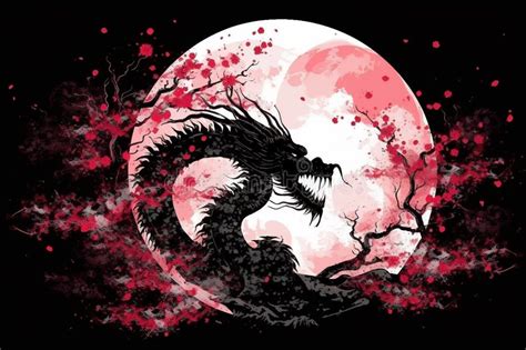 силуэт дракона и сакура цветка с полной луной фоновый генеративный ай Иллюстрация штока