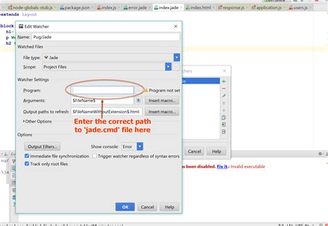 Nodejs How To Resolve Error An Exception Occurred While Executing Watcher Pugjade Watcher