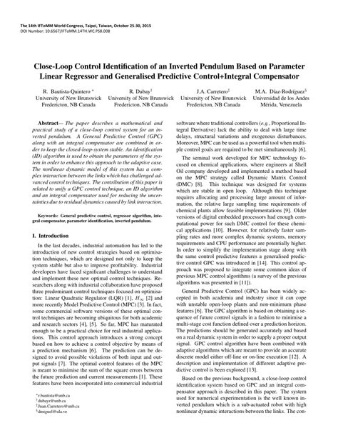 Pdf Close Loop Control Identification Of An Inverted Pendulum Based
