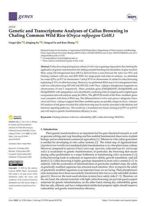 Pdf Genetic And Transcriptome Analyses Of Callus Browning In Chaling Common Wild Rice Oryza