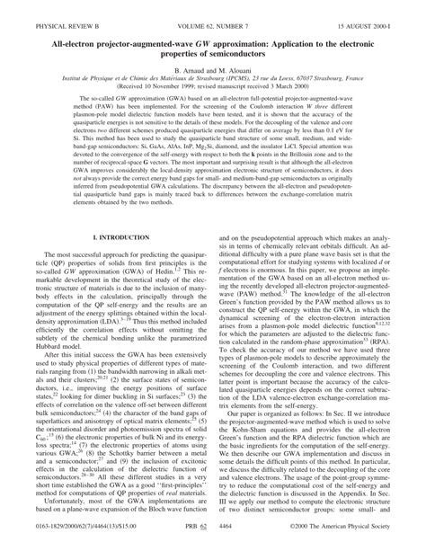 Pdf All Electron Projector Augmented Wave Gw Approximation