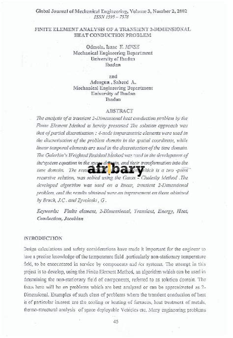 Finite Element Analysis Of A Transient 2 Dimensional Heat Conduction Problem Afribary
