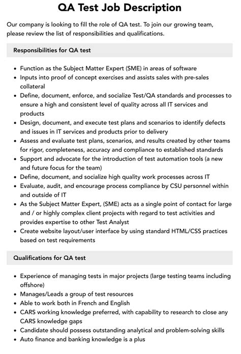 QA Test Job Description Velvet Jobs