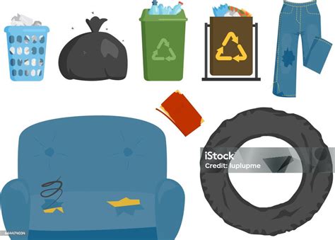 쓰레기 원소 쓰레기 봉투 타이어 관리 업계는 개념을 활용하고 폐기물 생태를 활용 하여 재활용 처리 상자 벡터 일러스트를 병 수 가구에 대한 스톡 벡터 아트 및 기타 이미지