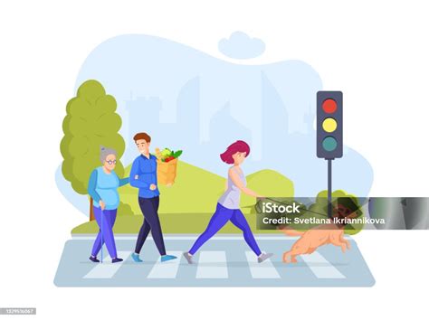 신호등이있는 횡단 보도 교차로 도로를 걷는 사람들 도시 경관에 가는 보행자 자원 봉사 남성 도움 노인 여성 개와 여성은 횡단 보도에서 도로를 교차 Charitable