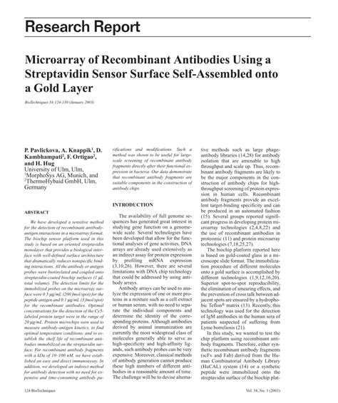 Pdf Microarray Of Recombinant Antibodies Using A Streptavidin Sensor