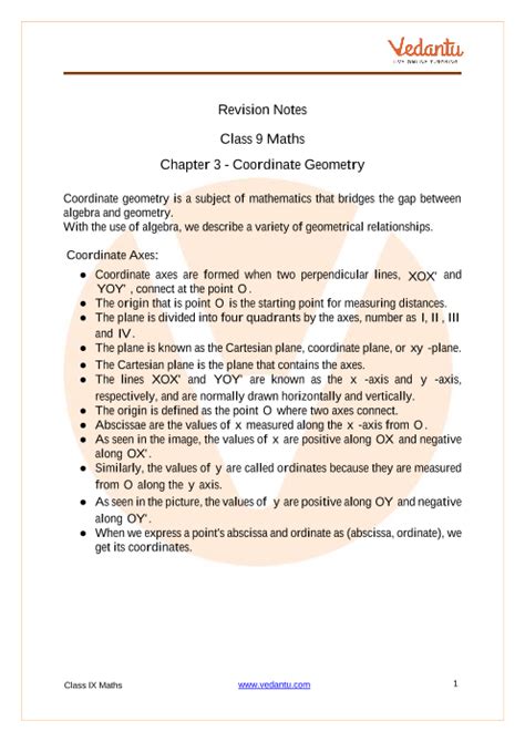 Coordinate Geometry Class 9 Notes CBSE Maths Chapter 3 PDF