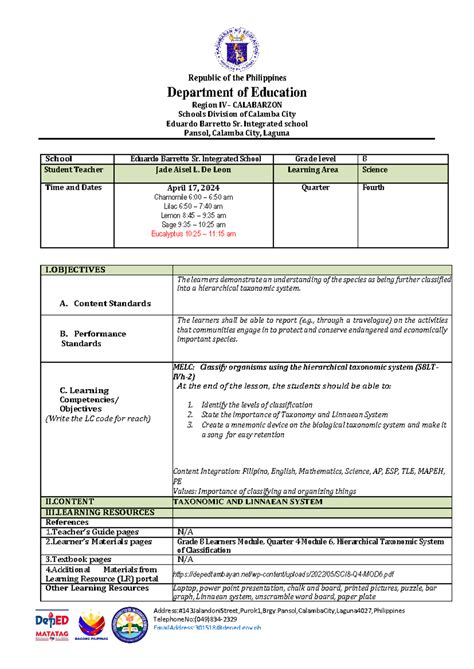 Grade 8 Science Lesson Plan Hierarchical Taxonomic System Studocu