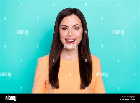 Portrait Of Astonished Young Lady Tongue Lick Teeth Beaming Smile