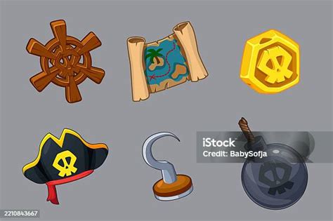 해적 아이콘 모자 동전 보물 지도 해적 갈고리 나무 투구 폭탄 벡터 만화 스타일의 게임 아이콘입니다 개념에 대한 스톡 벡터 아트 및 기타 이미지 Istock