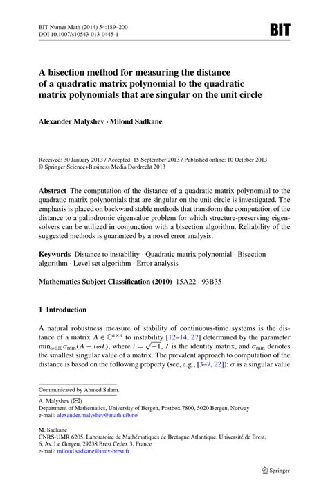 Pdf A Bisection Method For Measuring The Distance Of A Quadratic Matrix Polynomial To The