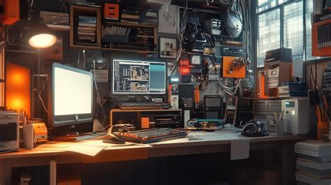 A Cluttered Computer Desk With A Desktop A Monitor And A Keyboard Premium Ai Generated Image