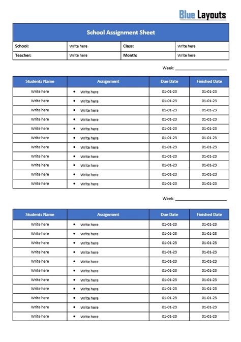 School Assignment Sheet Template 04 Blue Layouts