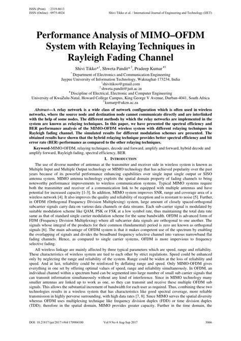 Pdf Performance Analysis Of Mimoofdm System With Relaying Techniques