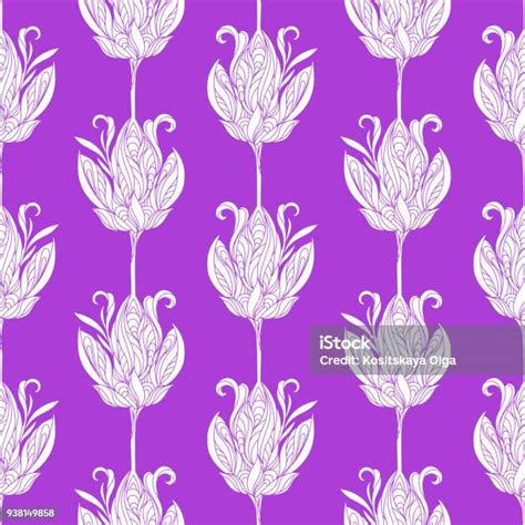 원활한 꽃 추상 패턴입니다 다채로운 인쇄 보라색 바탕에 흰색 라인 꽃의 구성 곡선에 대한 스톡 벡터 아트 및 기타 이미지