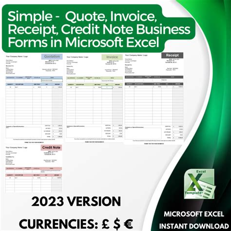 Simple Microsoft Excel Quote Invoice Receipt Credit Note Business Forms