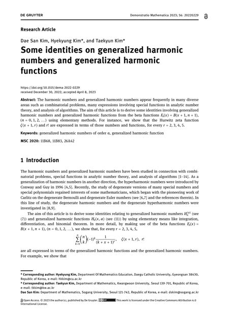 Pdf Some Identities On Generalized Harmonic Numbers And Generalized