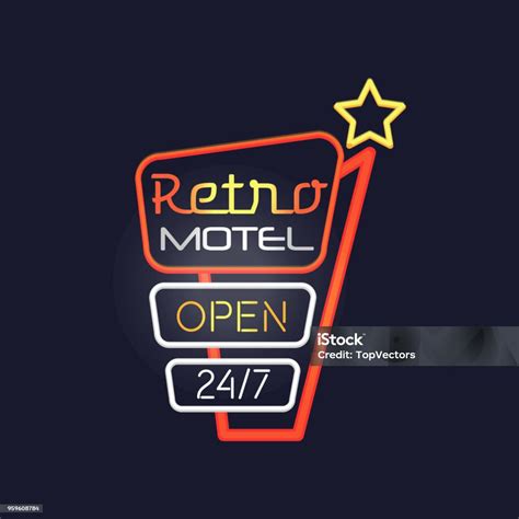 레트로 모텔 오픈 24 7 네온 사인 빈티지 밝은 빛나는 간판 라이트 배너 벡터 일러스트 레이 션 0명에 대한 스톡 벡터 아트 및 기타 이미지 Istock