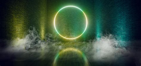 벽돌 벽에 연기 안개 그라데이션 블루 노란색 원 네온 레이저 빛 벽돌 벽 댄스 플로어 스튜디오 어두운 밤 사이버 쇼 공상 과학 소설 복고풍 의 빈 배경 3d 렌더링 0명에