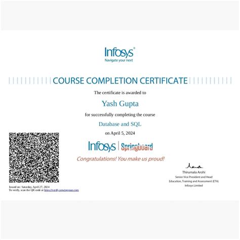 I Have Earned My Database And Sql Certification From Infosys