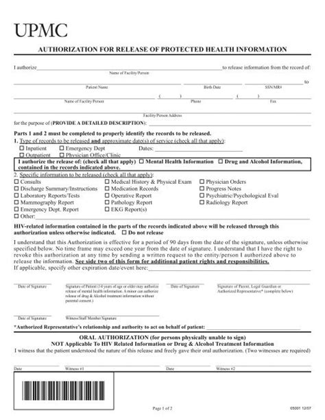Authorization For The Release Of Protected Health