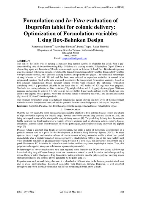 Pdf Formulation And In Vitro Evaluation Of Ibuprofen Tablet For Colonic Delivery Optimization