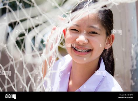 Portrait Of Thai High School Student Uniform Teen Beautiful Girl Happy