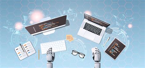 디지털 장치 수평을 사용 하 여 작업장 웹 사이트 디자인 개발 프로그램 코딩 개념 최고 각도 탁상용 보기 로봇 휴머노이드에 로봇