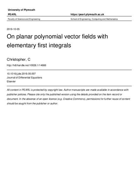 Pdf On Planar Polynomial Vector Fields With Elementary First Integrals