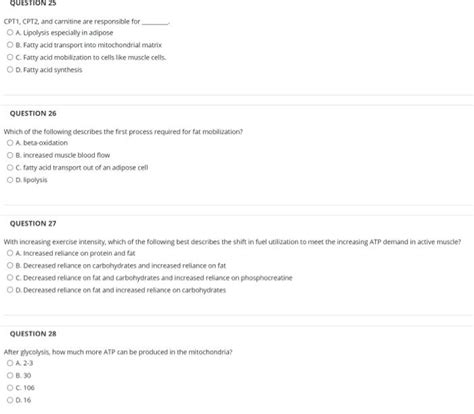 Solved Question 25 Cpt1 Cpt2 And Carnitine Are Responsible