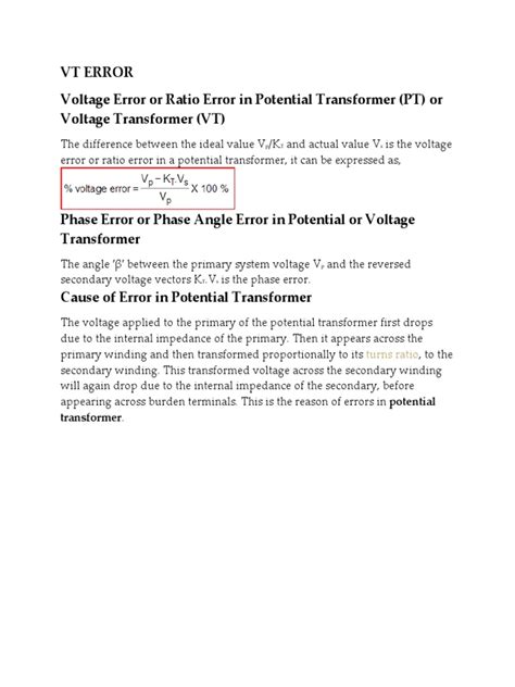 Vt Error Voltage Error Or Ratio Error In Potential Transformer Pt Or Voltage Transformer Vt