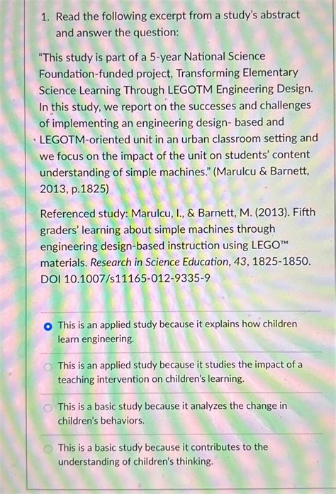 Solved Read The Following Excerpt From A Studys Abstract